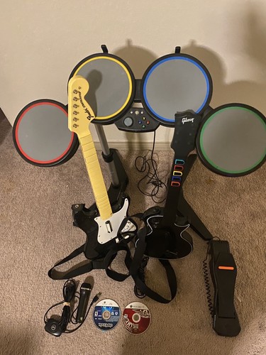HUGE Xbox 360 Rock Band GUITAR HERO Drums 2 Guitars GAMES Nice Band ...