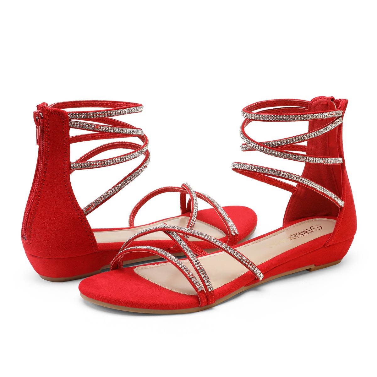 Red Flat Sandals With Rhinestones