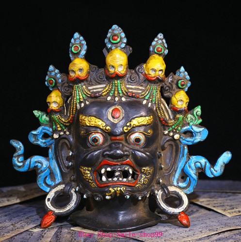 8" Tibet Buddhism Bronze Painting Mahakala Wrathful Deity Buddha Face ...