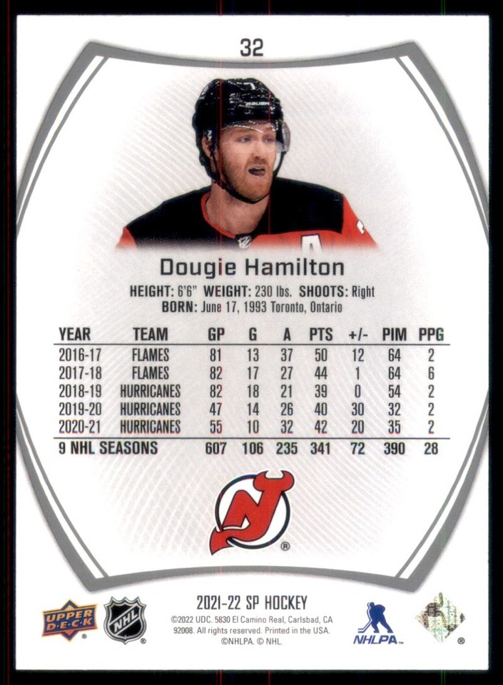 Dougie Hamilton 2021-22 SP #32 New Jersey Devils TW37079 Hockey Card | eBay