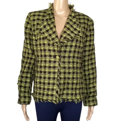 Carlucci Womens Jacket Size 10 Boucle Plaid Tweed Button Up Frayed Edge ...