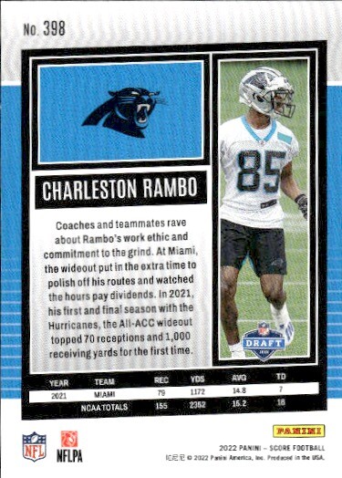 2022 Score #398 Charleston Rambo RC Carolina Panthers Football | eBay