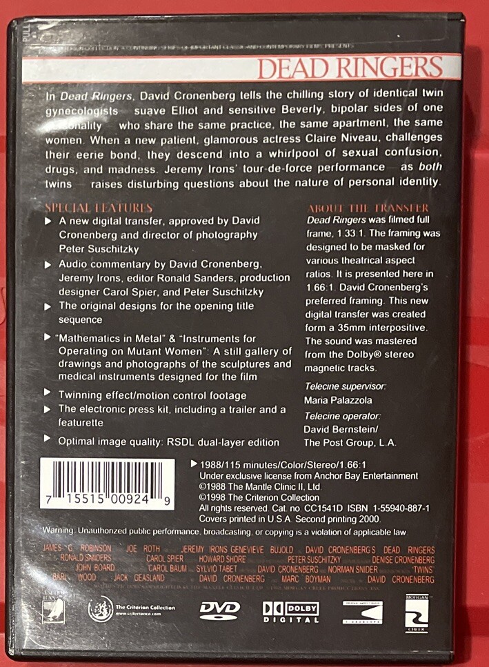 Dead Ringers Criterion Collection OOP DVD SPINE 21 David Cronenberg Jeremy Irons | eBay