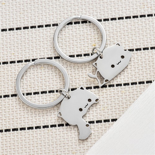 Creative Stainless Steel Cartoon Cat Keychain Couple Animal Key Ring ...