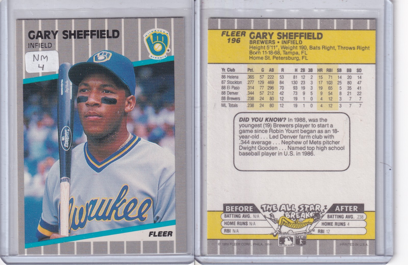 Gary Sheffield 1989 Fleer Rookie Baseball Card RC # 196 Milwaukee ...