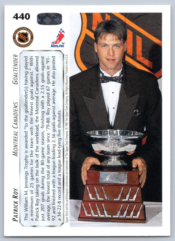PATRICK ROY / JENNINGS TROPHY 1992-93 UPPER DECK 92-93 NO 440 48376 | eBay
