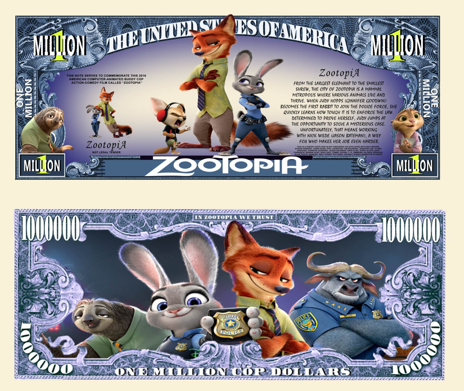 Zootopia Million Dollar Bill Play Funny Money Novelty Note + FREE ...