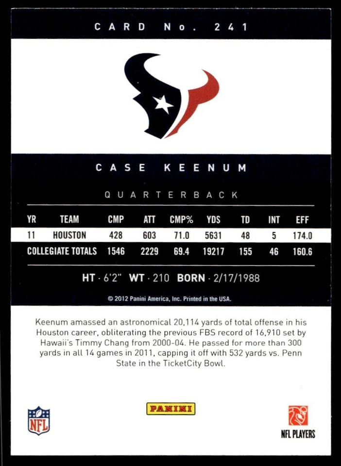 2012 Panini Prestige Case Keenum Rookie G55 Houston Texans #241 | eBay