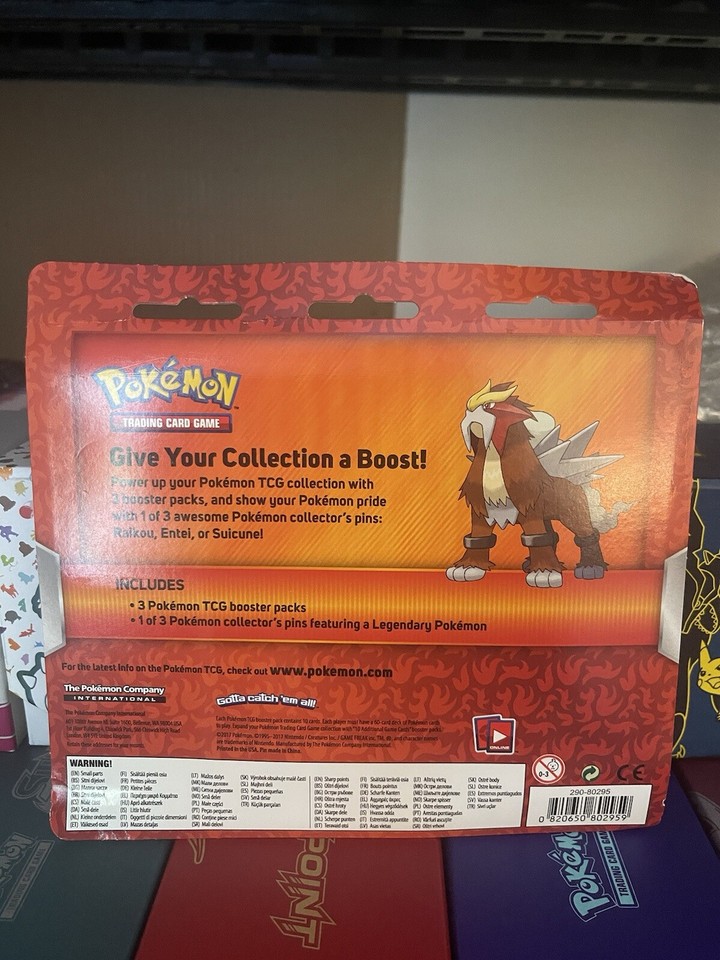 2017 POKEMON TCG ENTEI PIN 3-PACK BLISTER w/ XY EVOLUTIONS BOOSTER PACK ...