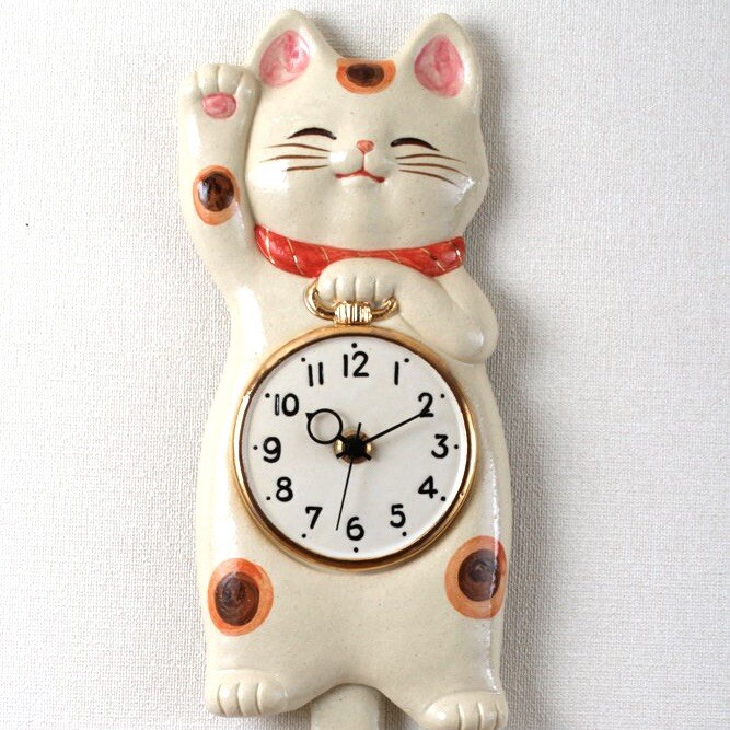 Japanese White Lucky Cat Manekineko Pendulum Wall Clock Pottery Seto ...