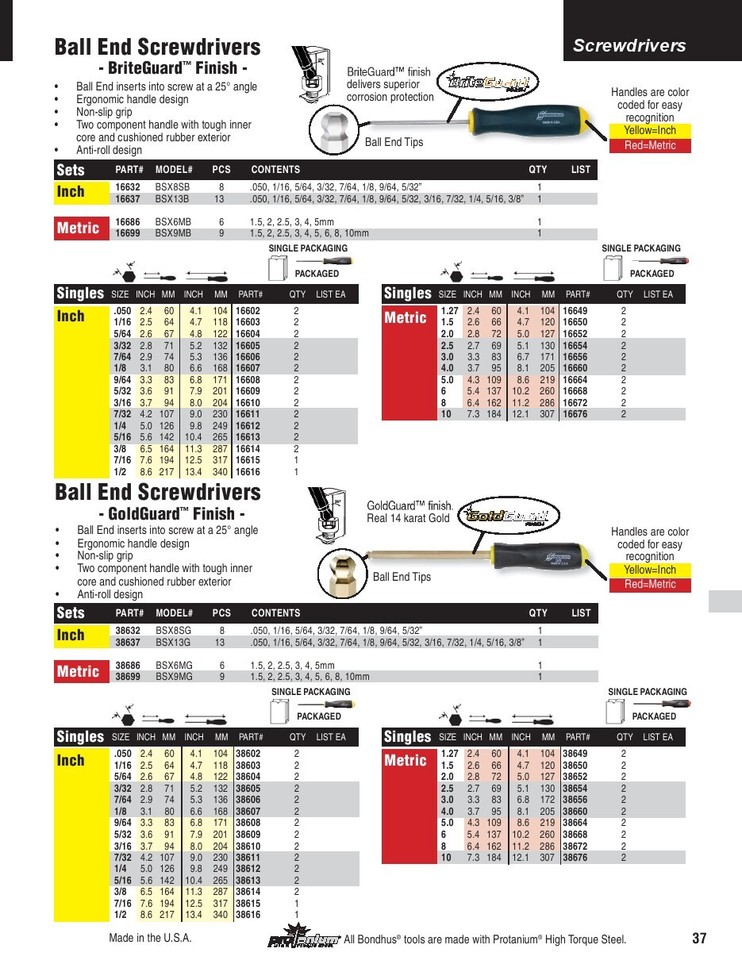 2pcs .050" Hex Balldriver Screwdriver Briteguard Chrome Bondhus USA ...