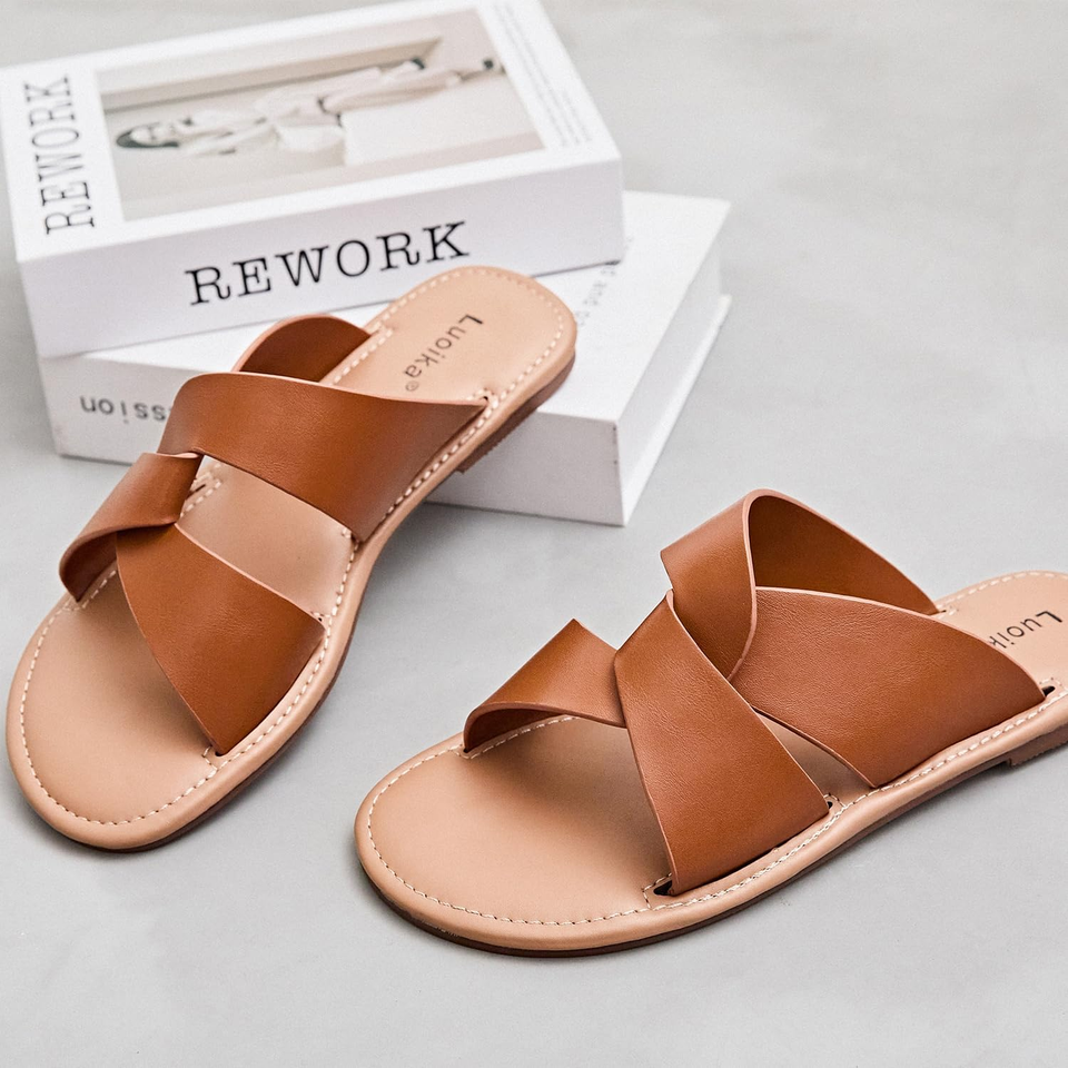 Women'S Wide Width Flat Slides Sandals, Strapy Slide Sandal Slip on ...