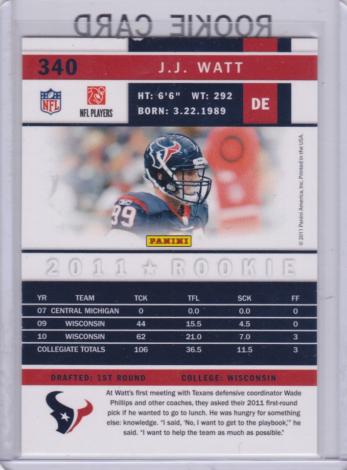J.J. WATT ROOKIE CARD Score Update 2011 NFL RC JJ Houston Texans ...