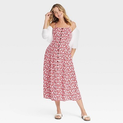 Women's Button-Front Midi Sundress - Universal Thread Red Floral XL | eBay