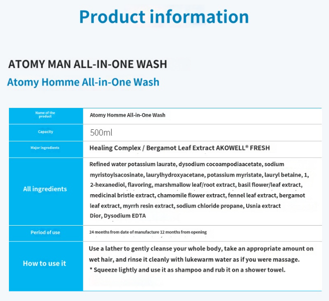 ATOMY Homme All-in-one Wash 500ml Shampoo and Body Wash In One For Man ...
