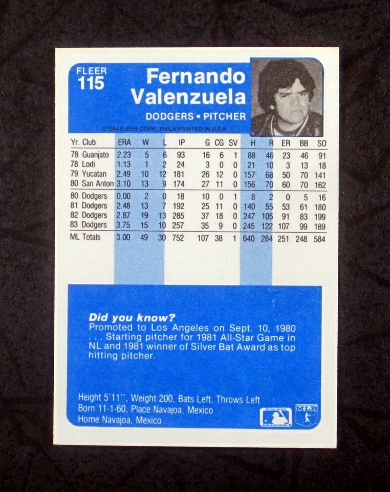 1984 FLEER FERNANDO VALENZUELA #115 Los Angeles Dodgers NM-MINT Pack ...