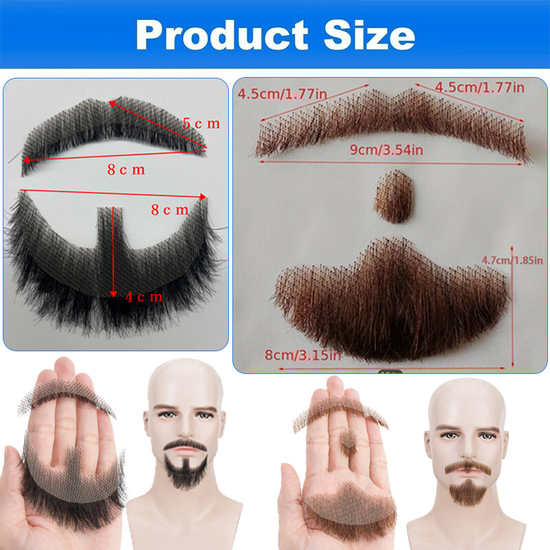 100% Human Hair Mens Fake Beards Realistic Facial Hair Full Lace False ...