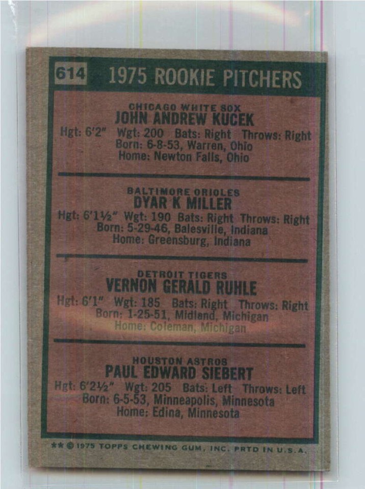 1975 Topps #614 Jack Kucek/Dyar Miller/Vern Ruhle/Paul Siebert EX++ ...