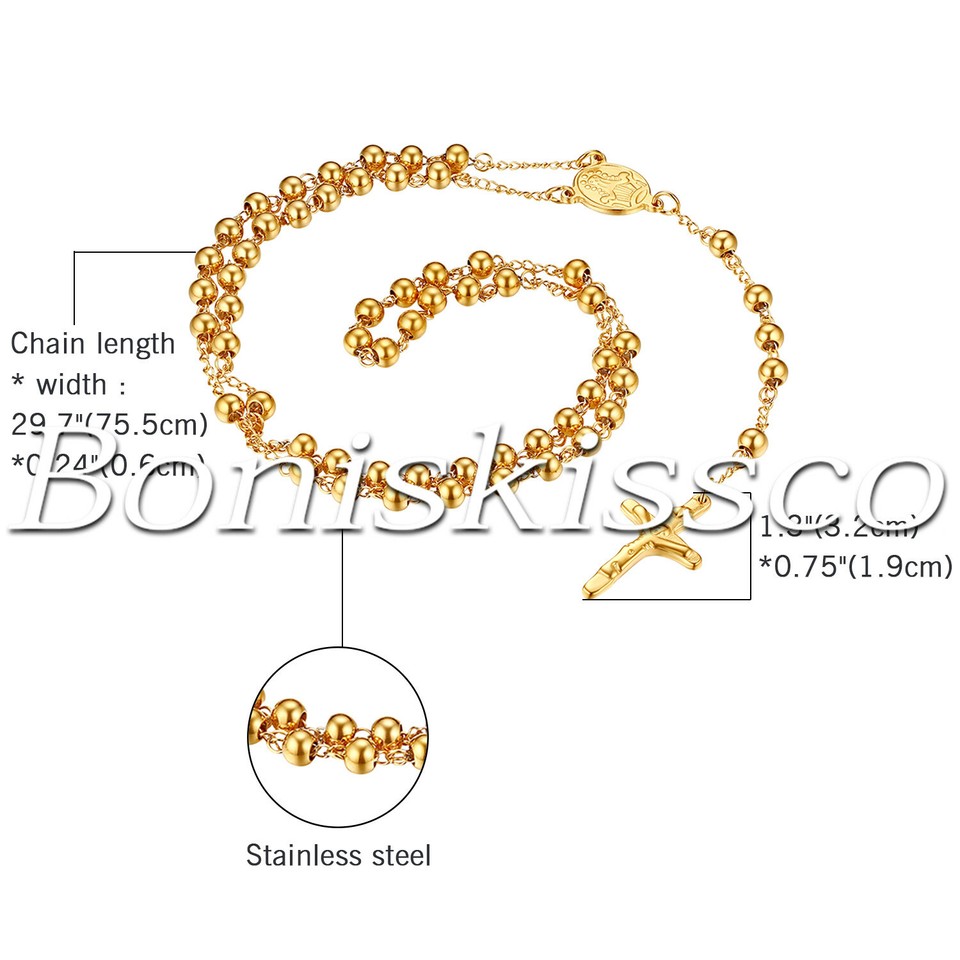 Men Women Stainless Steel 30 Inch Chain Rosary Necklace 6mm Beads w ...