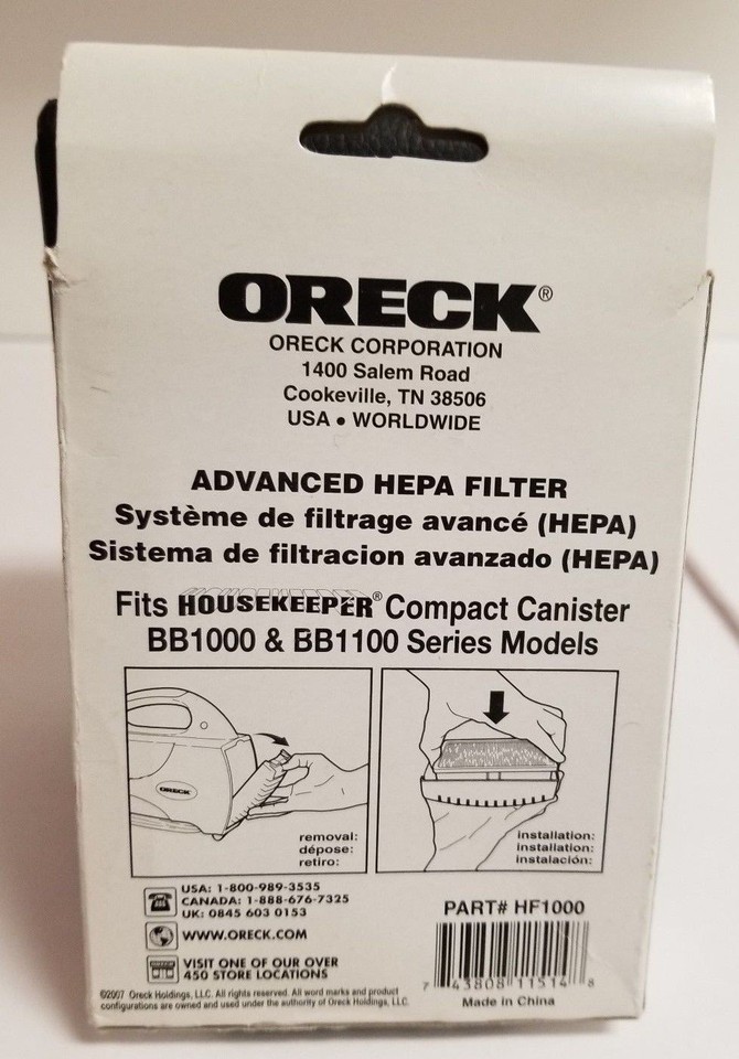ORECK VACUUM REPLACEMENT HEPA FILTER HF-1000 FITS CANISTER BB1000 AND ...