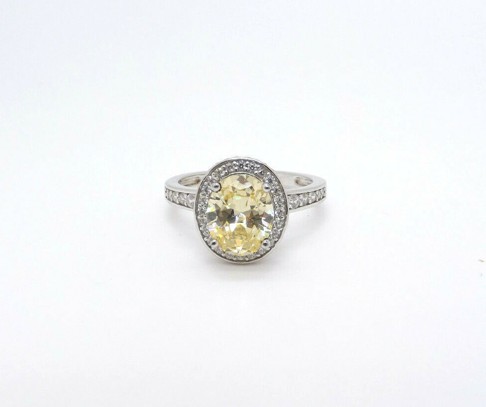 DK Sterling Silver Oval Lemon Yellow CZ Center & White CZ Engagement ...
