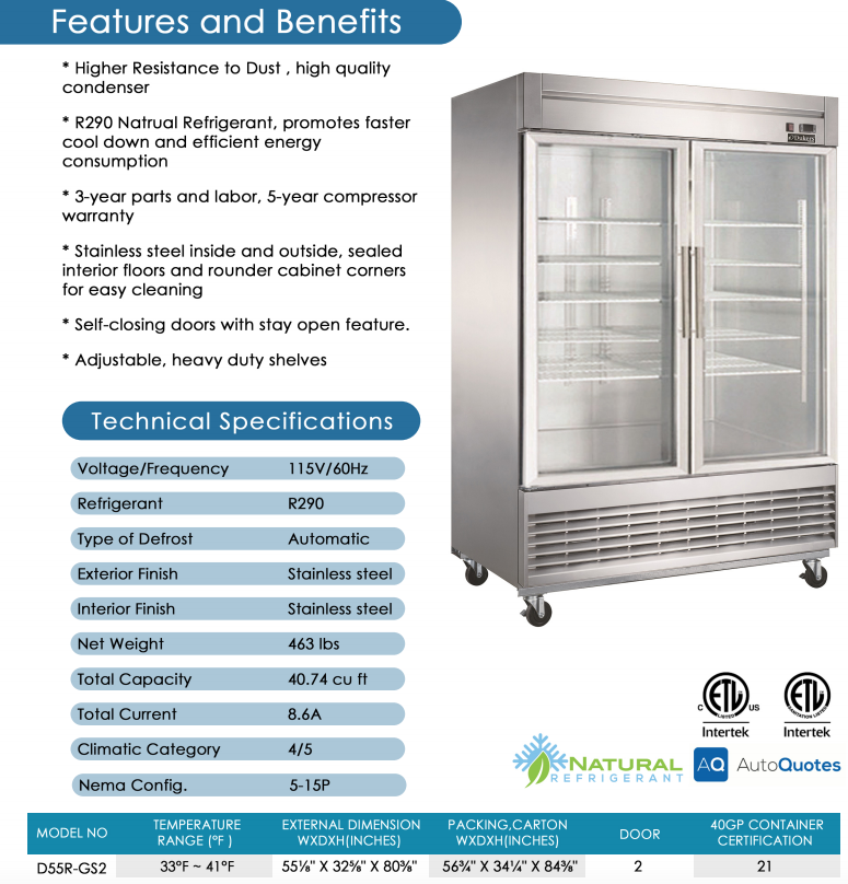 NEW 2 Glass Door 55" Refrigerator Display Cooler 115V NSF Dukers D55R ...