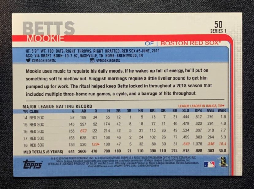 2019 Topps #50 Mookie Betts Red Sox | eBay