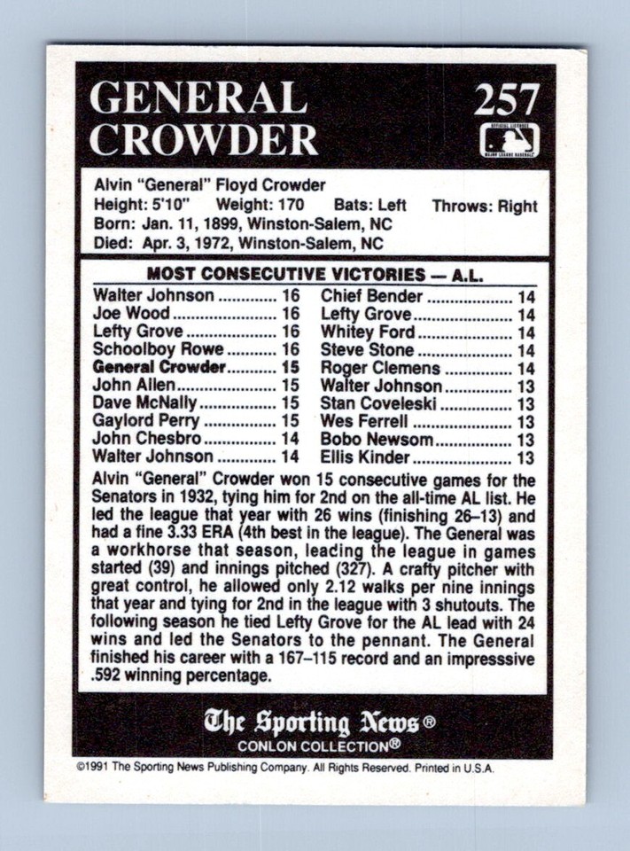 1991 Conlon Collection #257 General Crowder ATL | eBay