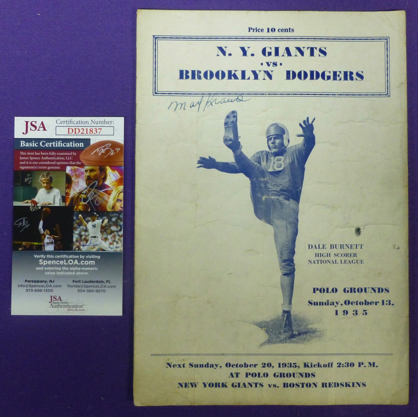 1935 NEW YORK GIANTS VS BROOKLYN DODGERS - FOOTBALL PROGRAM - MAX ...