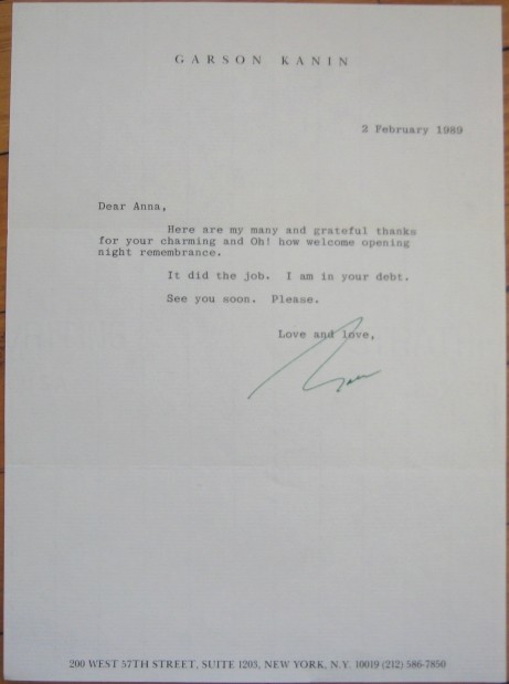 GARSON KANIN 1989 TLS Autograph Signed-Letter: Film & Stage Writer ...