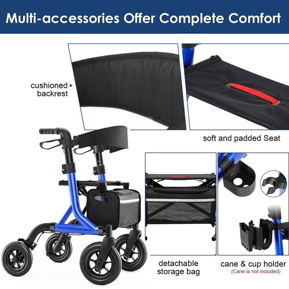 Walkers for Seniors, 10" Rubber Wheels All Terrain Rollator Walker with ...