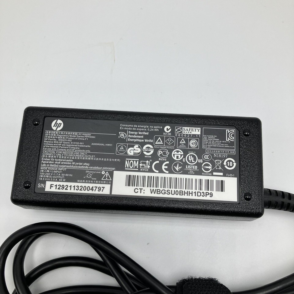 HP AC Adapter Laptop Power Supply 613152 608425-002 18.5V 3.5A 65WATT ...