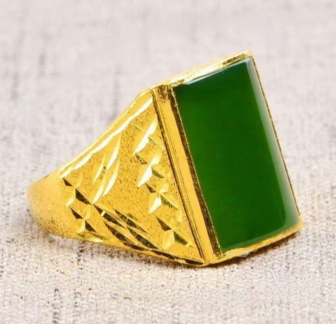 Men's Ring 10k sand gold Inlaid Jade Opening Ring | eBay