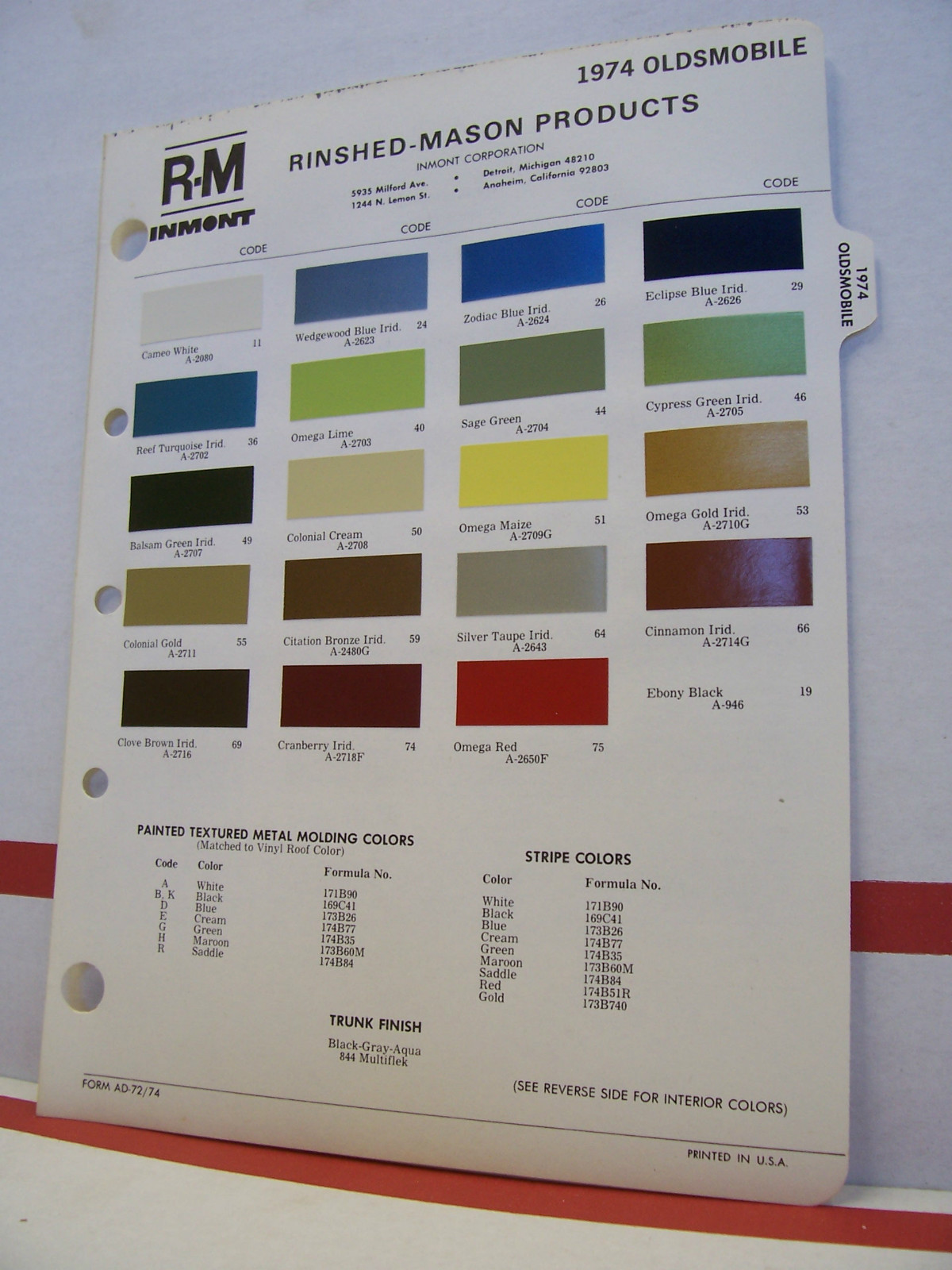 1974 Oldsmobile Toronado Cutlass Vista Cruiser Paint Chips Color Chart ...