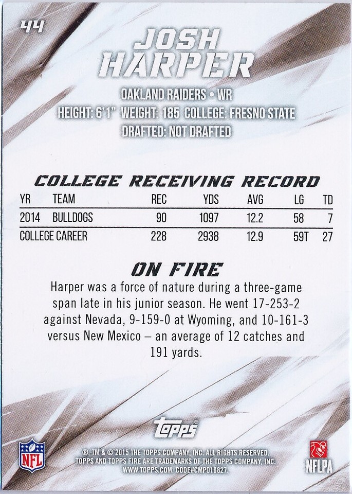 Josh Harper 2015 Topps Fire Football #44 Oakland Raiders ROOKIE | eBay