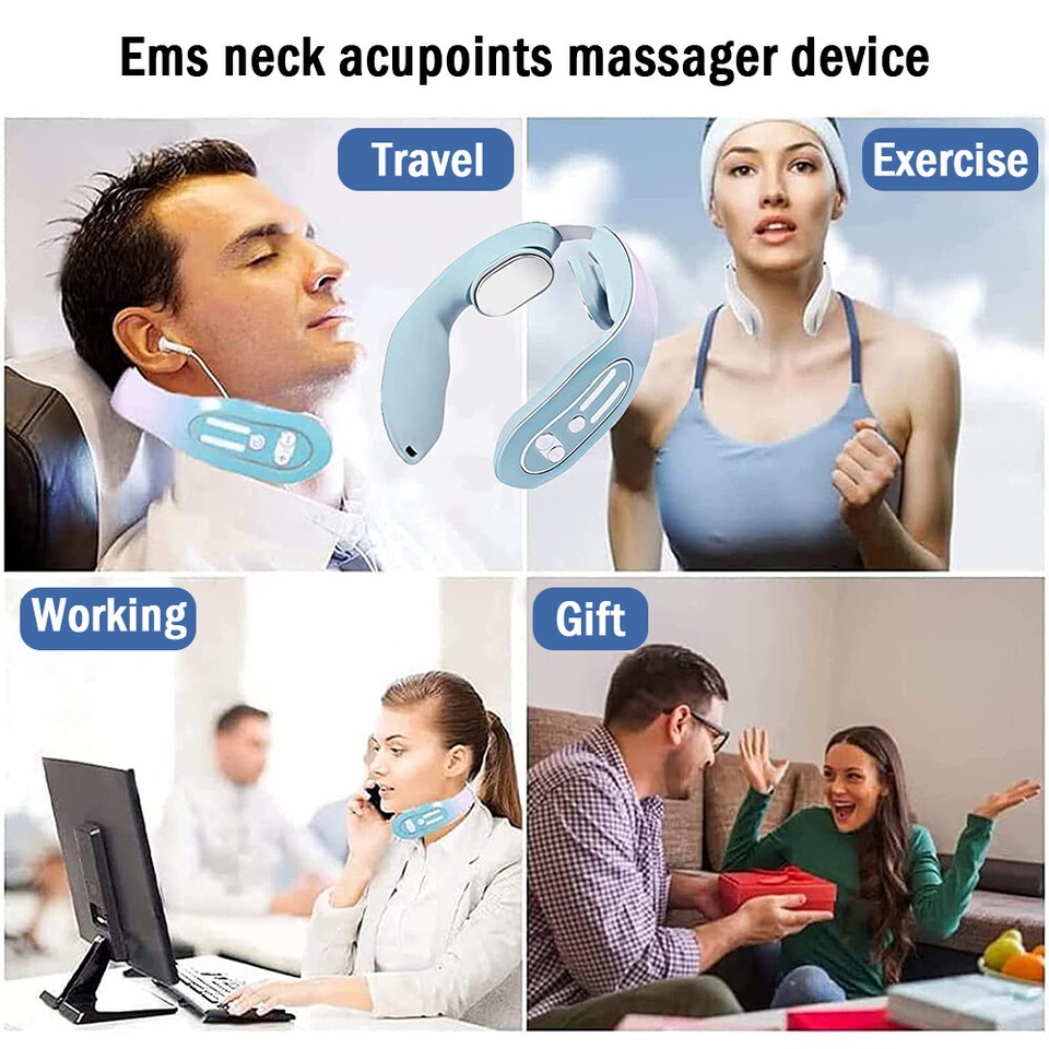 Electric Neck Acupoints Massager EMS Pulse 4 Modes Heating Pain Relief ...