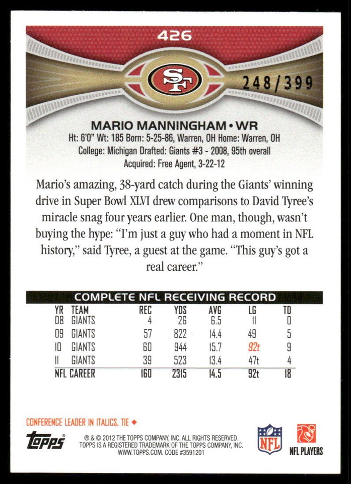 2012 Topps Mario Manningham 426 Camo SN399 San Francisco 49ers | eBay