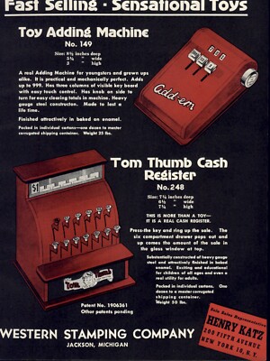 1948 PAPER AD COLOR Toy Adding Machine Tom Thumb Cash Register DeLuxe ...