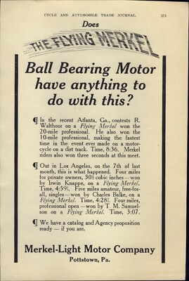 1909 PAPER AD CAR AUTO Flying Merkel Motorcycle Ball Bearing Motor ...