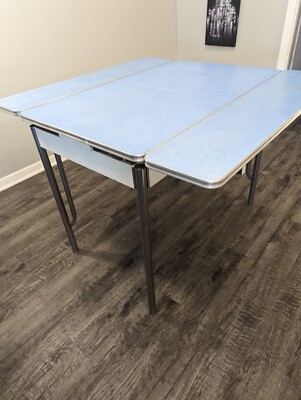 Vintage Blue Formica Table Pull Out Leaves And Chrome Edges And Utensil ...