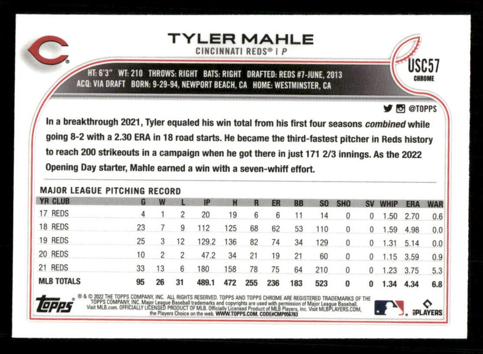 2022 Topps Chrome Update Tyler Mahle Purple Refractor #USC57 Card | eBay