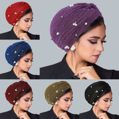 Muslim Women Pleated Beads Hijab Turban Beanies Cap Bandana Head Wrap ...