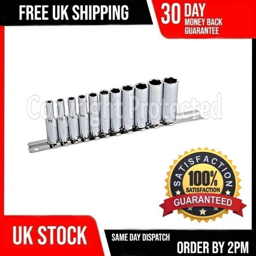 DEEP DRIVE 11PC SOCKET SET ON RAIL HOLDER 1/4 INCH RATCHET 4-13MM LONG ...
