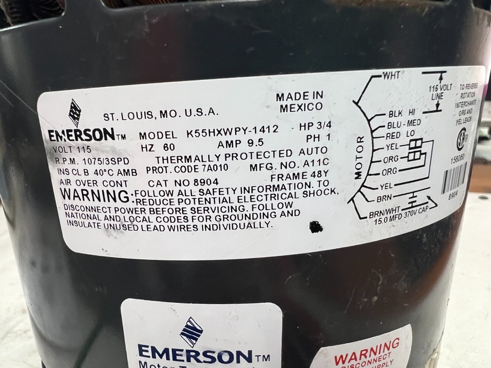 👀 NEW EMERSON 3/4 HP 8904 BLOWER MOTOR 115V 1075 RPM/3 1Ø 48Y FR ...