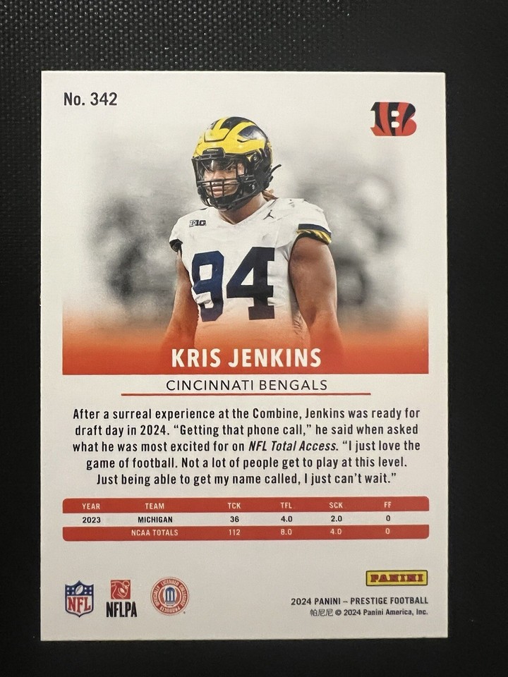 2024 Panini Prestige #342 Kris Jenkins Cincinnati Bengals RC Diamond ...