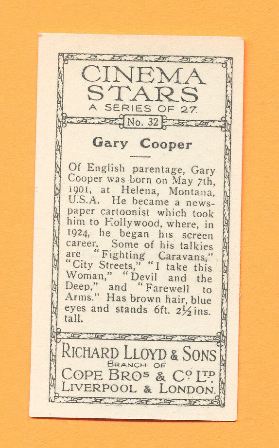GARY COOPER CINEMA STARS LLOYDS CIGARETTE CARD HOLLYWOOD LONDON TOBACCO ...