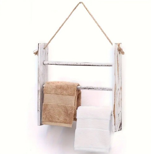 3-Tier Rustic-Style Hanging Towel Rack, Small Wooden Hanging Ladder ...