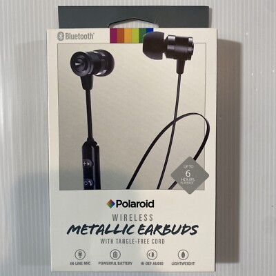 Polaroid Wireless Metallic Earbuds Bluetooth Tangle Free Cord NEW FREE ...