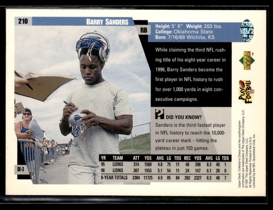 1997 Collector's Choice #210 Barry Sanders Lions Football Card 3603C ...