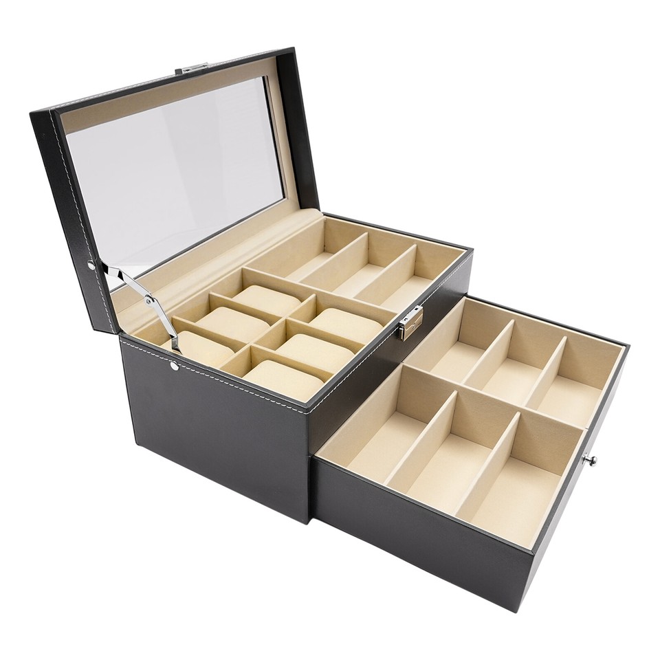 Large 15 Slot PU Watch Box Case Organizer Glass Display Jewelry Storage ...